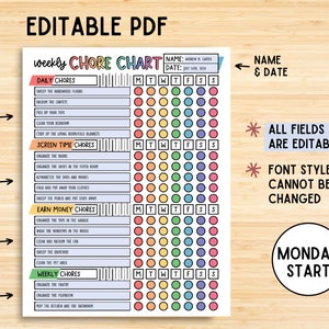 Editable Chore Chart for Kids, Screen Time Chart Checklist, Allowance ...