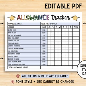 Allowance Tracker, Weekly Allowance Chore Chart, Editable Allowance ...