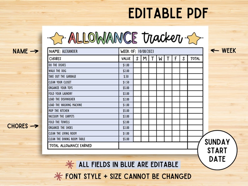 Allowance Tracker Weekly Allowance Chore Chart Editable - Etsy