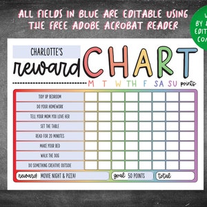 Reward Chart Printable Editable Weekly Kids Chore and Reward | Etsy