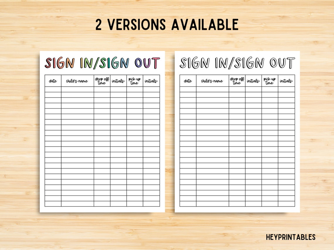 Sign in Sheets for Daycare, School, Preschool, Sports, Recreational ...