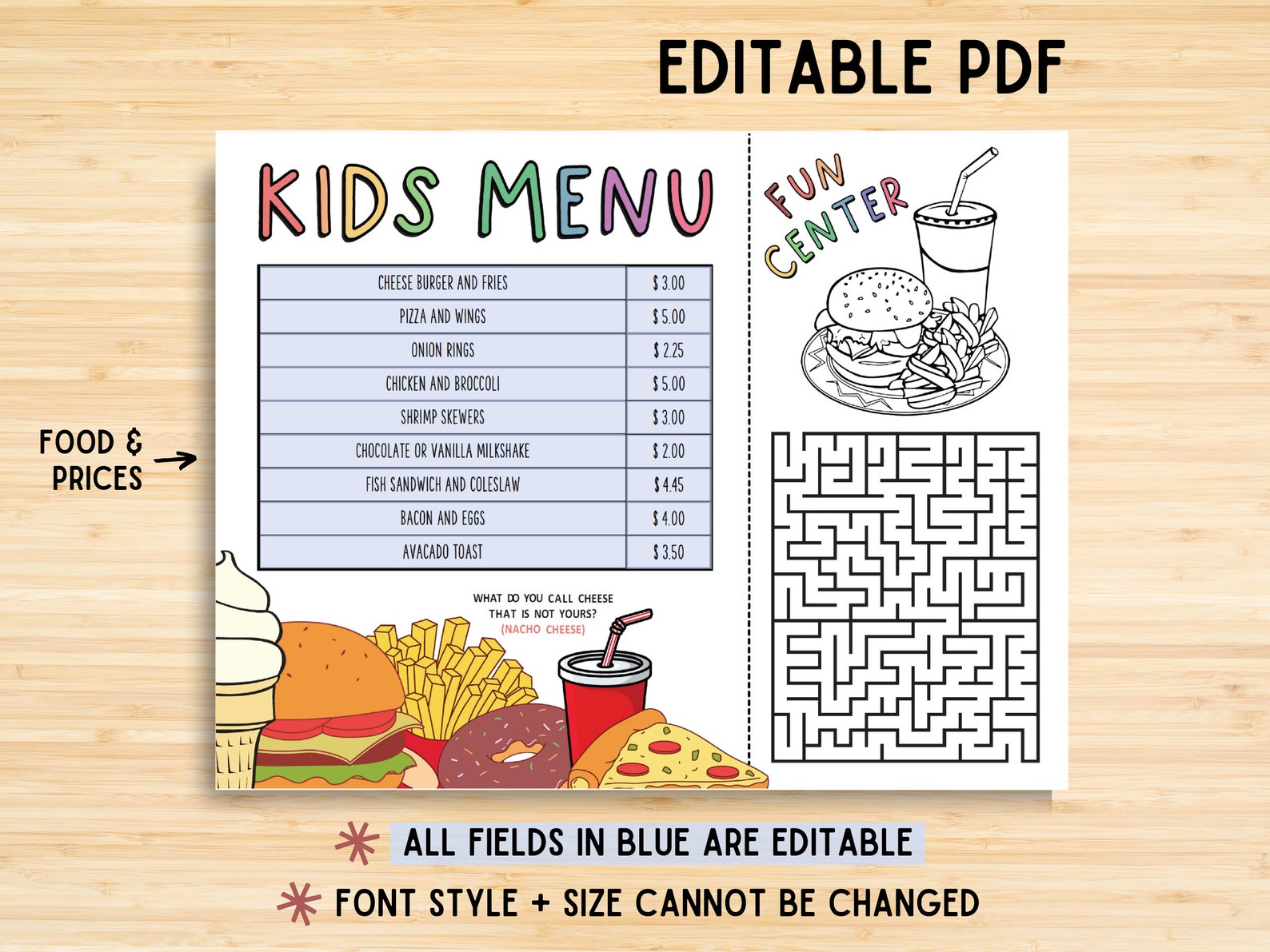 Editable Kids Menu Design, Template Design, Menus, Kids Activity Menu ...