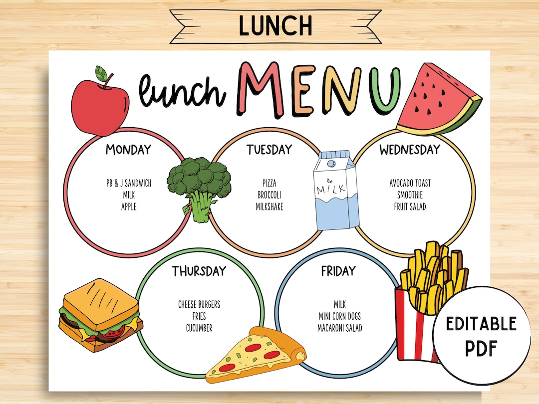 Editable Kids Lunch Planner, Meal Weekly Planner, Lunch Menu for ...