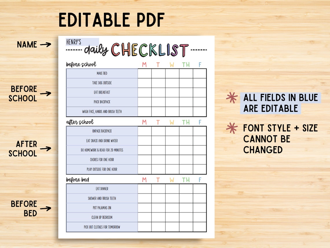 Chore Chart Printable Editable Daily Checklist for Kids - Etsy