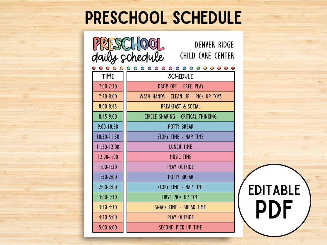 Daycare Daily Schedule for Preschool, Printable Child Care, Kids Daily ...