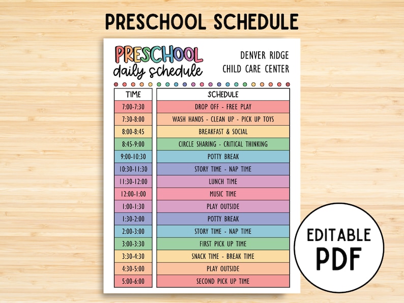 Daycare Daily Schedule for Preschool, Printable Child Care, Kids Daily ...