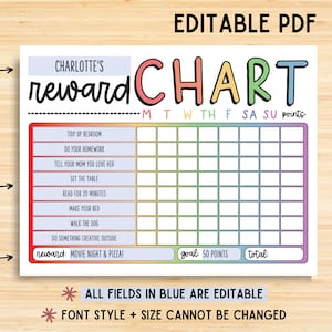 Reward Chart, Printable Editable Weekly Kids Chore and Reward Chart ...