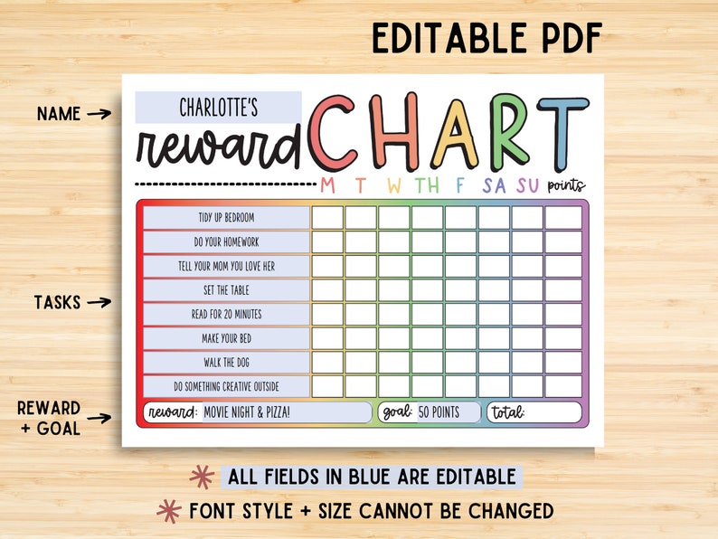 Reward Chart Printable Editable Weekly Kids Chore and Reward - Etsy