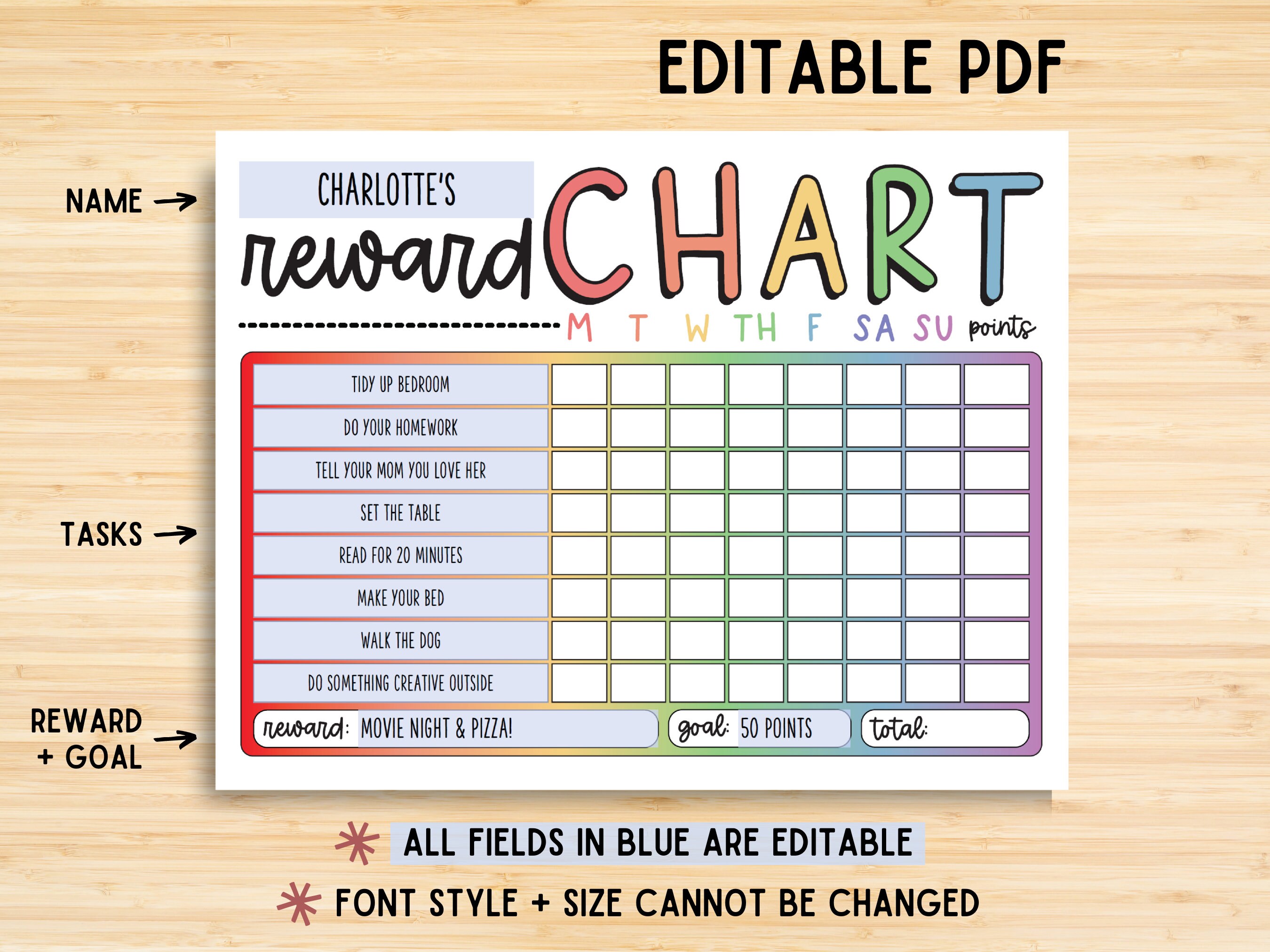 Reward Chart Printable Editable Weekly Kids Chore and Reward - Etsy