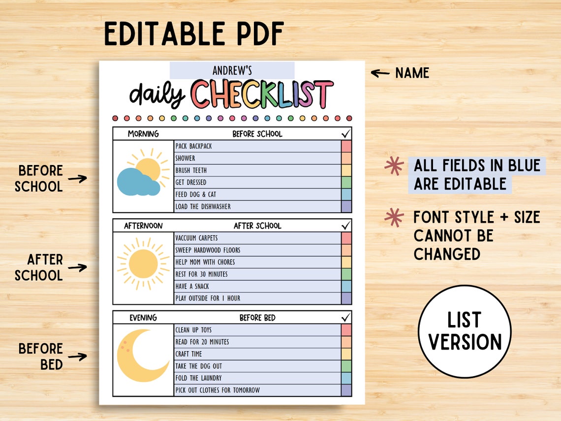 Editable Daily Checklist for Kids, Printable, Kids Responsibility Chart ...