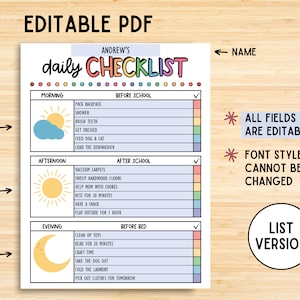 Editable Daily Checklist for Kids, Printable, Kids Responsibility Chart ...