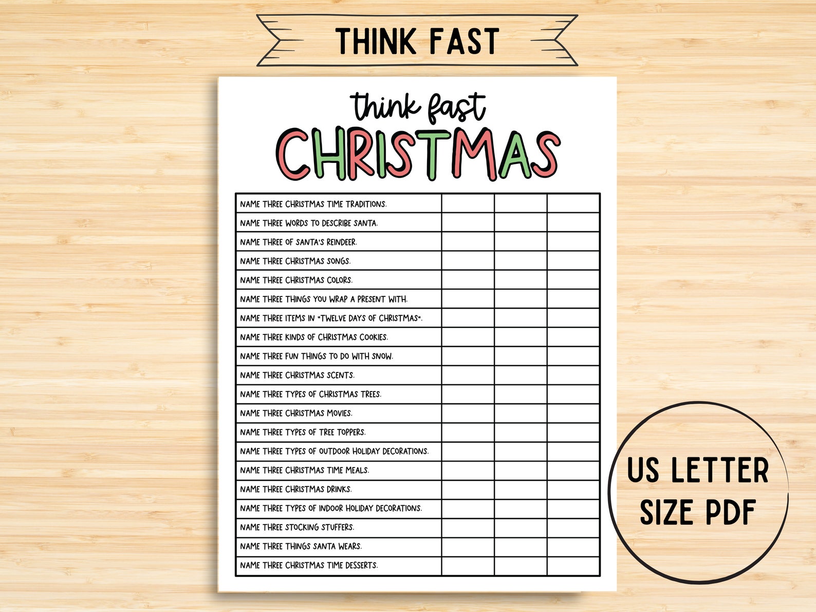 Think Fast Christmas Game, Christmas Family Games, Printable Christmas ...