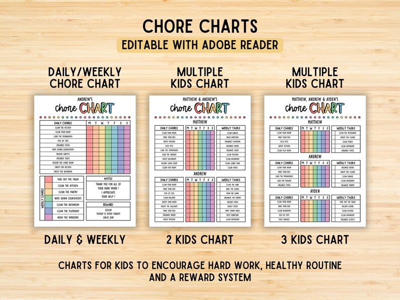 Editable Kids Chore Chart Bundle, Printable Responsibility Chart Bundle ...