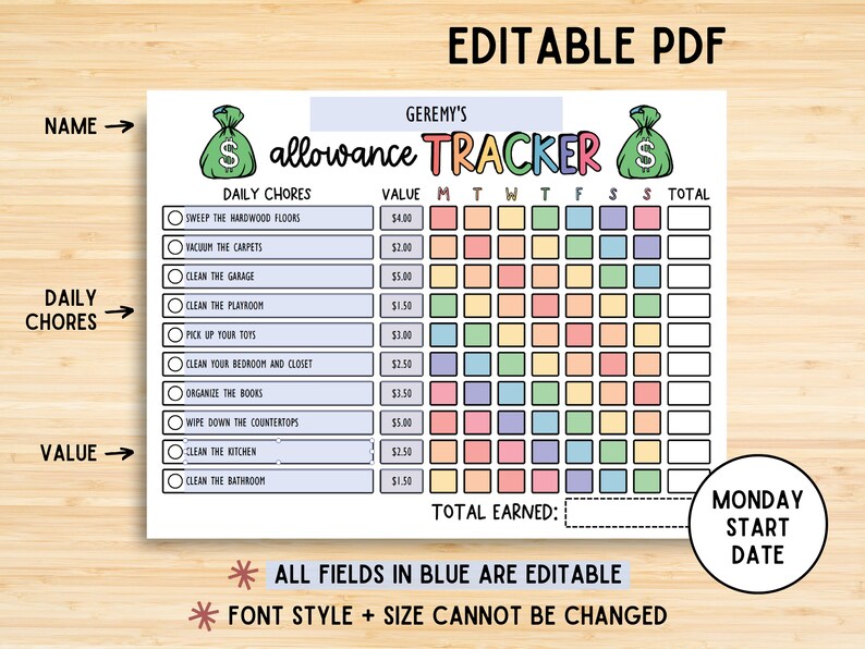 Editable Allowance Tracker Kids, Earn Money Chart, Daily Weekly ...