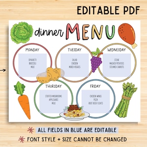 Editable Kids Breakfast, Lunch, Dinner Planner, Meal Weekly Planner ...