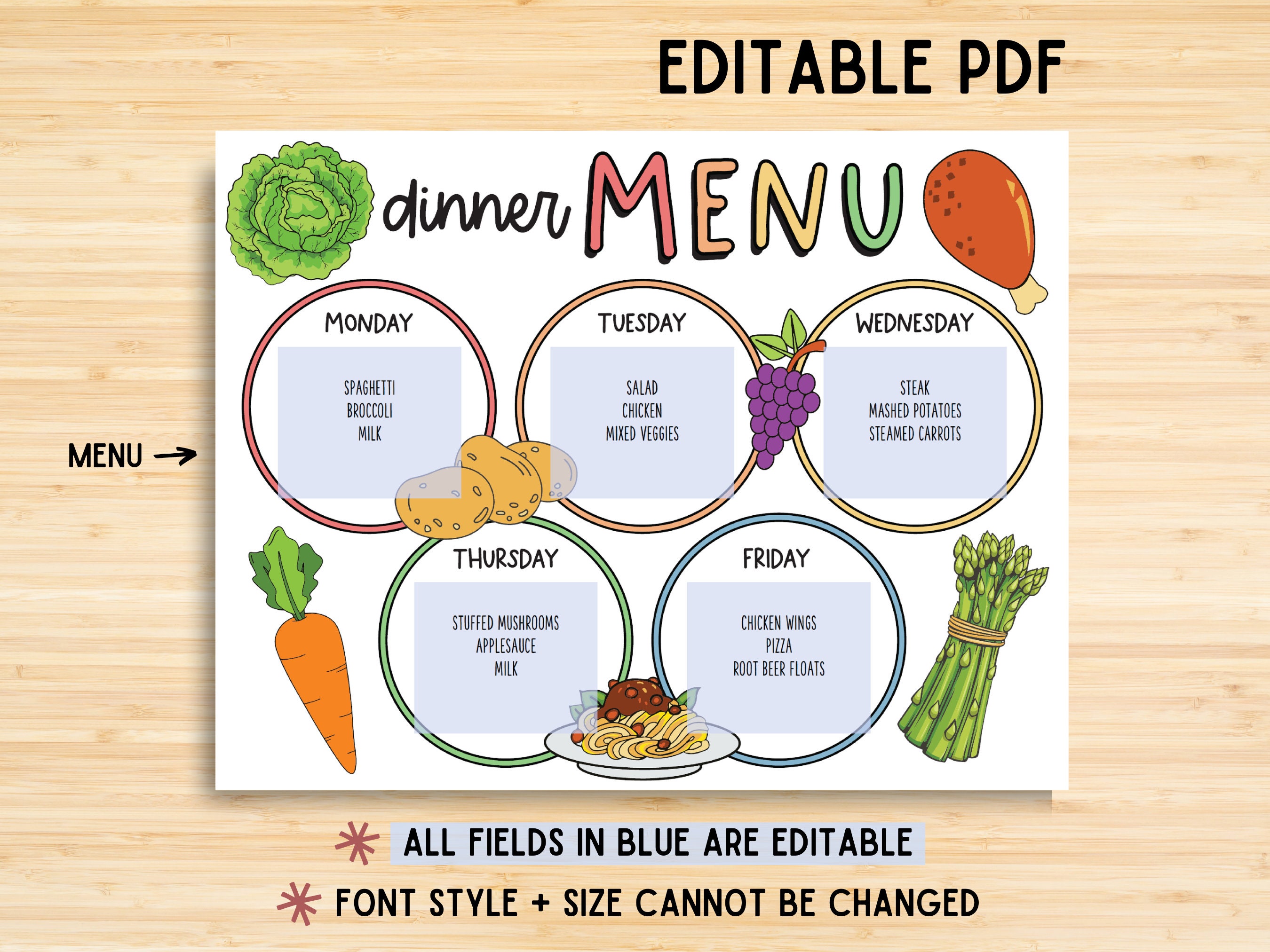 Editable Kids Breakfast Lunch Dinner Planner Meal Weekly - Etsy
