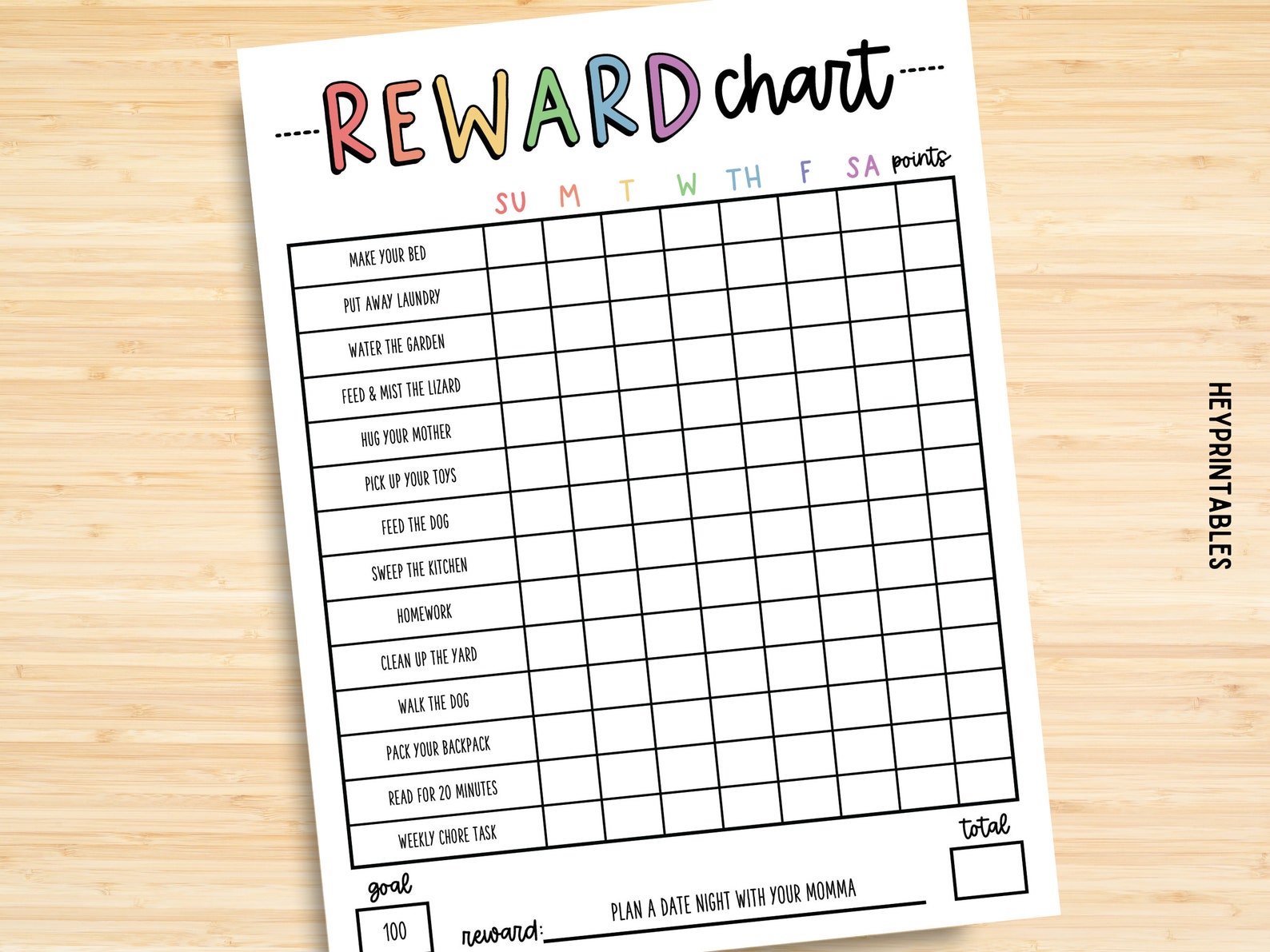Reward Chart, Chore Chart, Editable Weekly Kids Chore and Reward Chart ...