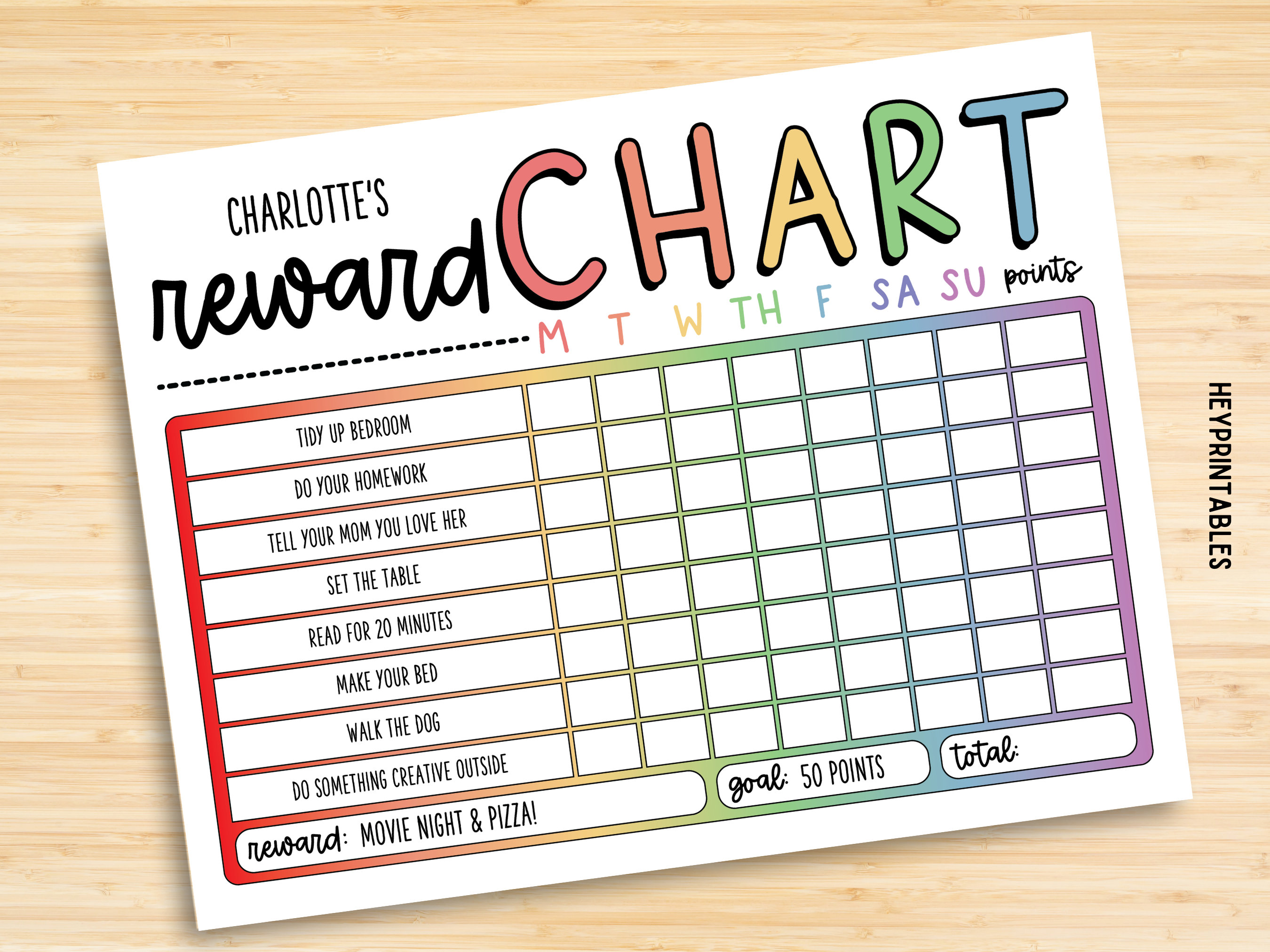 Reward Chart Printable Editable Weekly Kids Chore and Reward - Etsy
