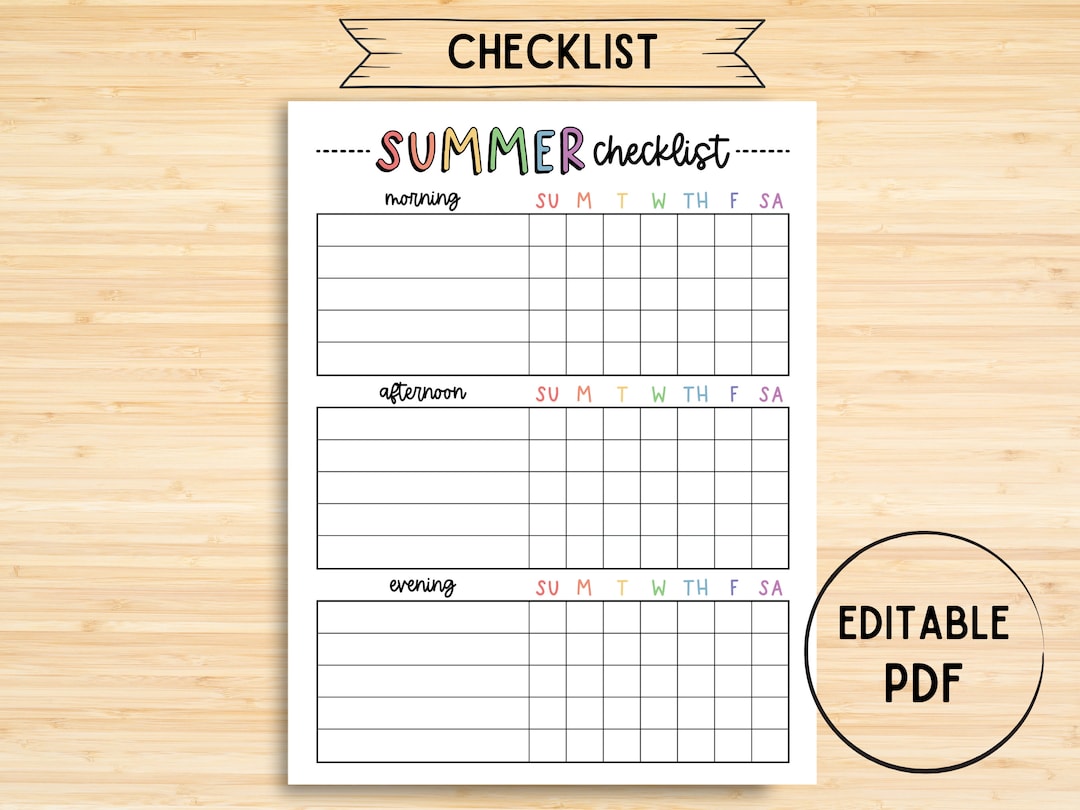 Chore Chart, Printable Editable Summer Daily Checklist for Kids, Chore ...