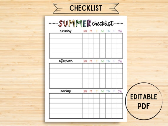 Chore Chart Printable Editable Summer Daily Checklist for - Etsy