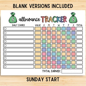 Editable Allowance Tracker Kids, Earn Money Chart, Daily Weekly ...