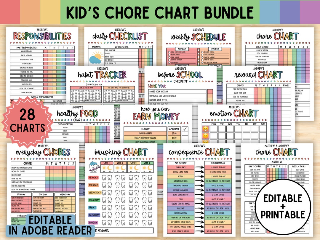 Editable Kids Chore Chart Bundle, Printable Responsibility Chart Bundle ...