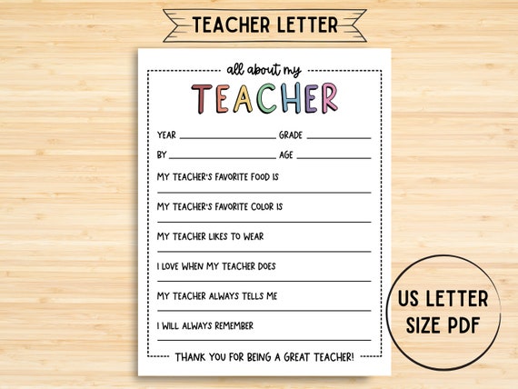 All About My Teacher Printable Teacher Appreciation Week End - Etsy