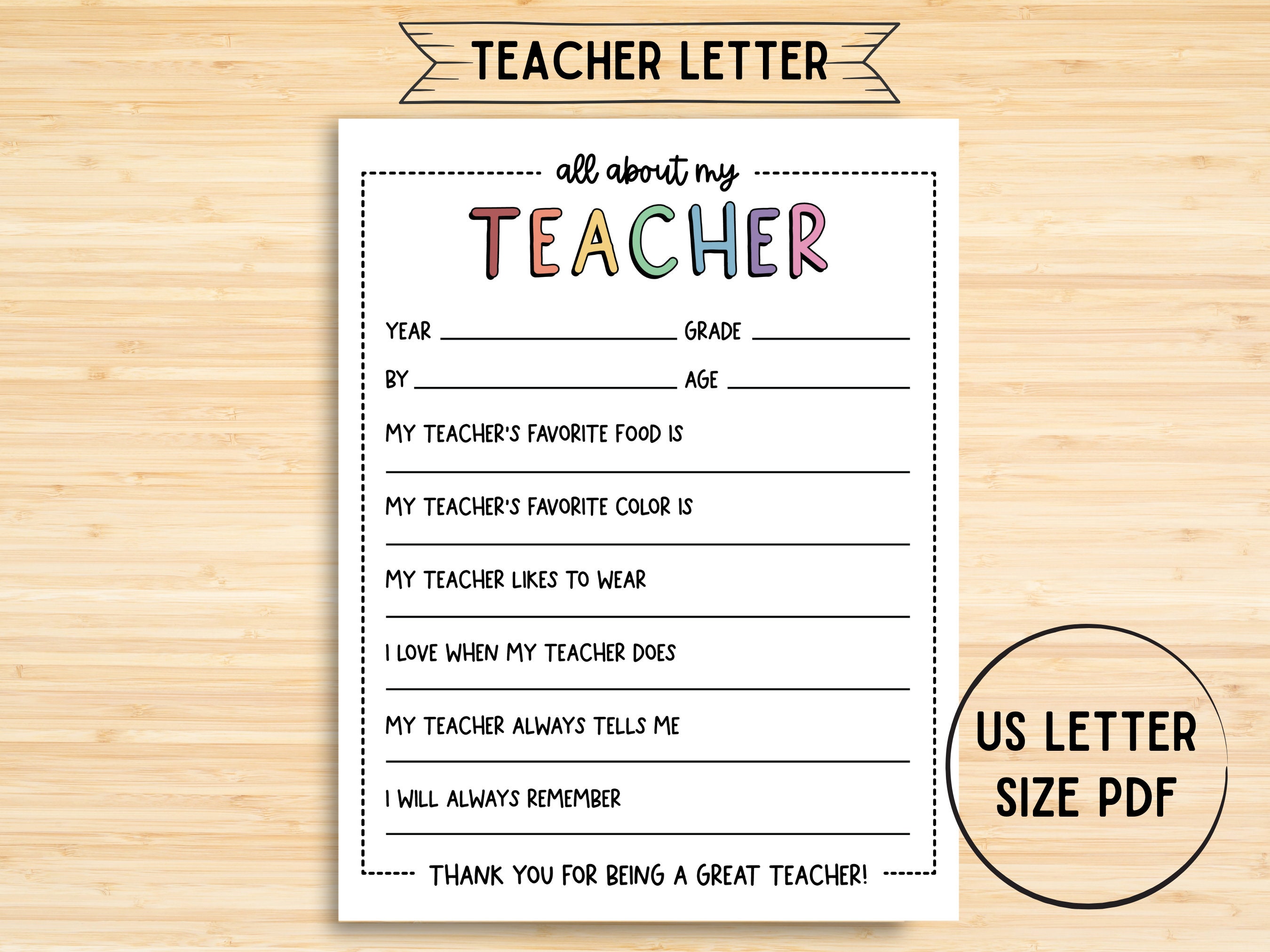 All About My Teacher Printable, Teacher Appreciation Week, End of Year ...