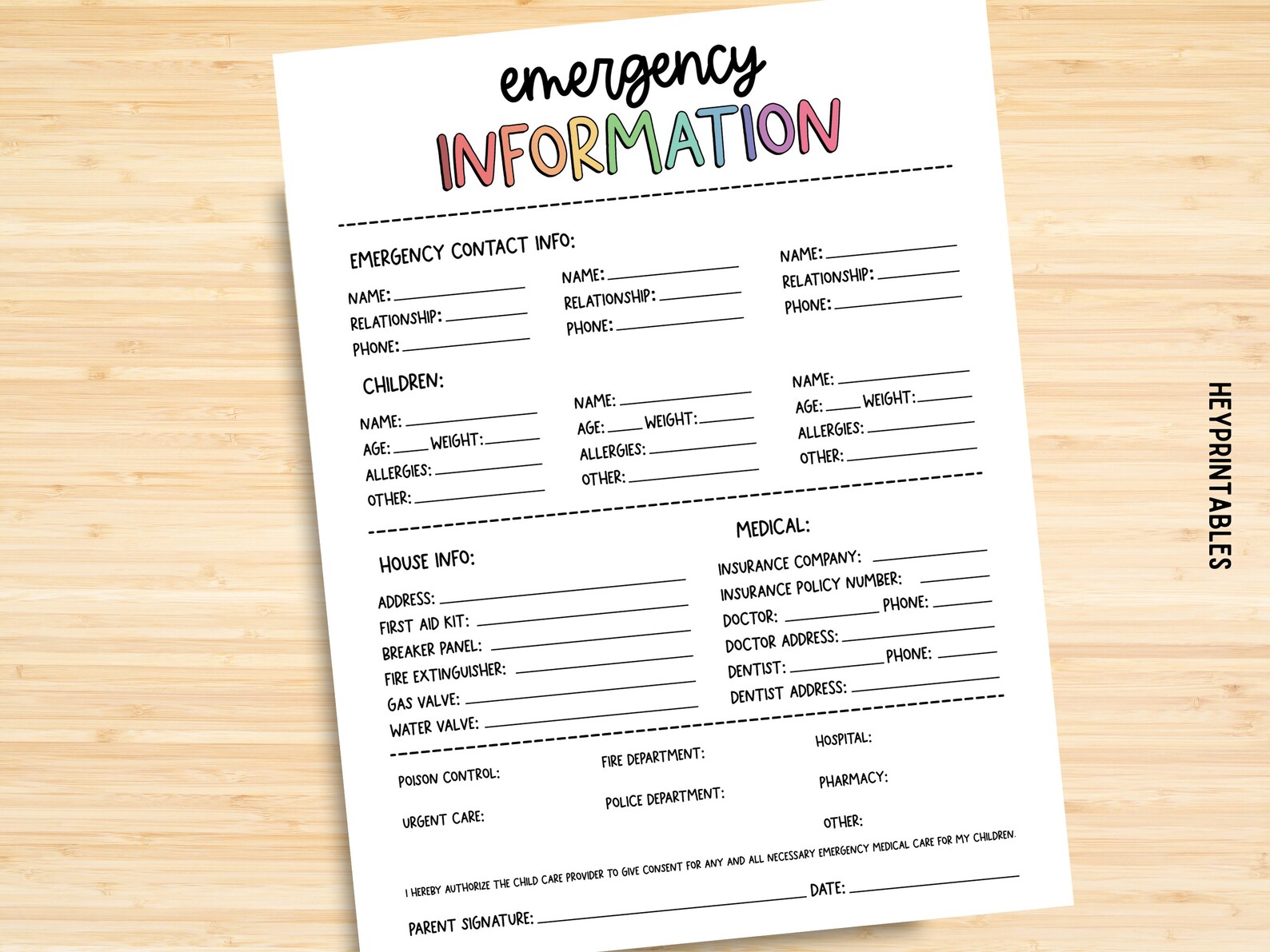 Emergency Contact Info Sheet Contact Information for Nanny - Etsy