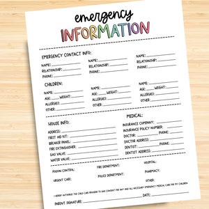 Emergency Contact Info Sheet, Contact Information for Nanny, Babysitter ...