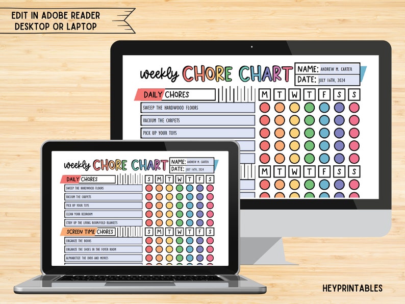 Editable Chore Chart for Kids, Screen Time Chart Checklist, Allowance ...