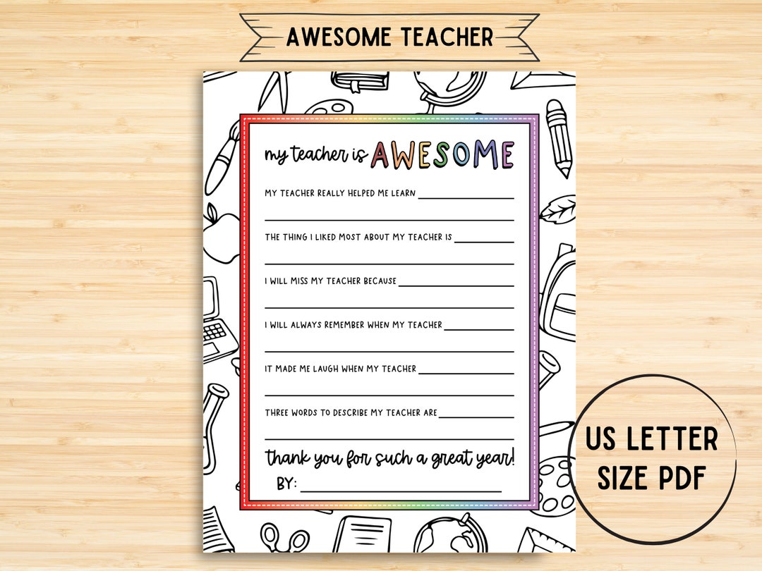 All About My Teacher, Teacher Appreciation, Teacher Gift, Fill in the ...