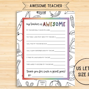 All About My Teacher, Teacher Appreciation, Teacher Gift, Fill in the ...