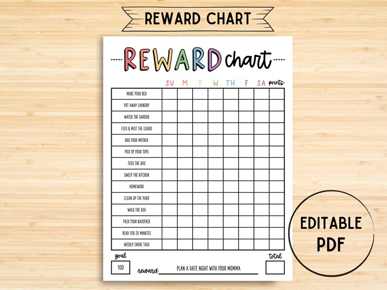 Reward Chart, Chore Chart, Editable Weekly Kids Chore and Reward Chart ...