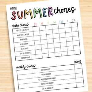 Chore Chart, Printable Editable SUMMER Daily & Weekly Kids Chore ...