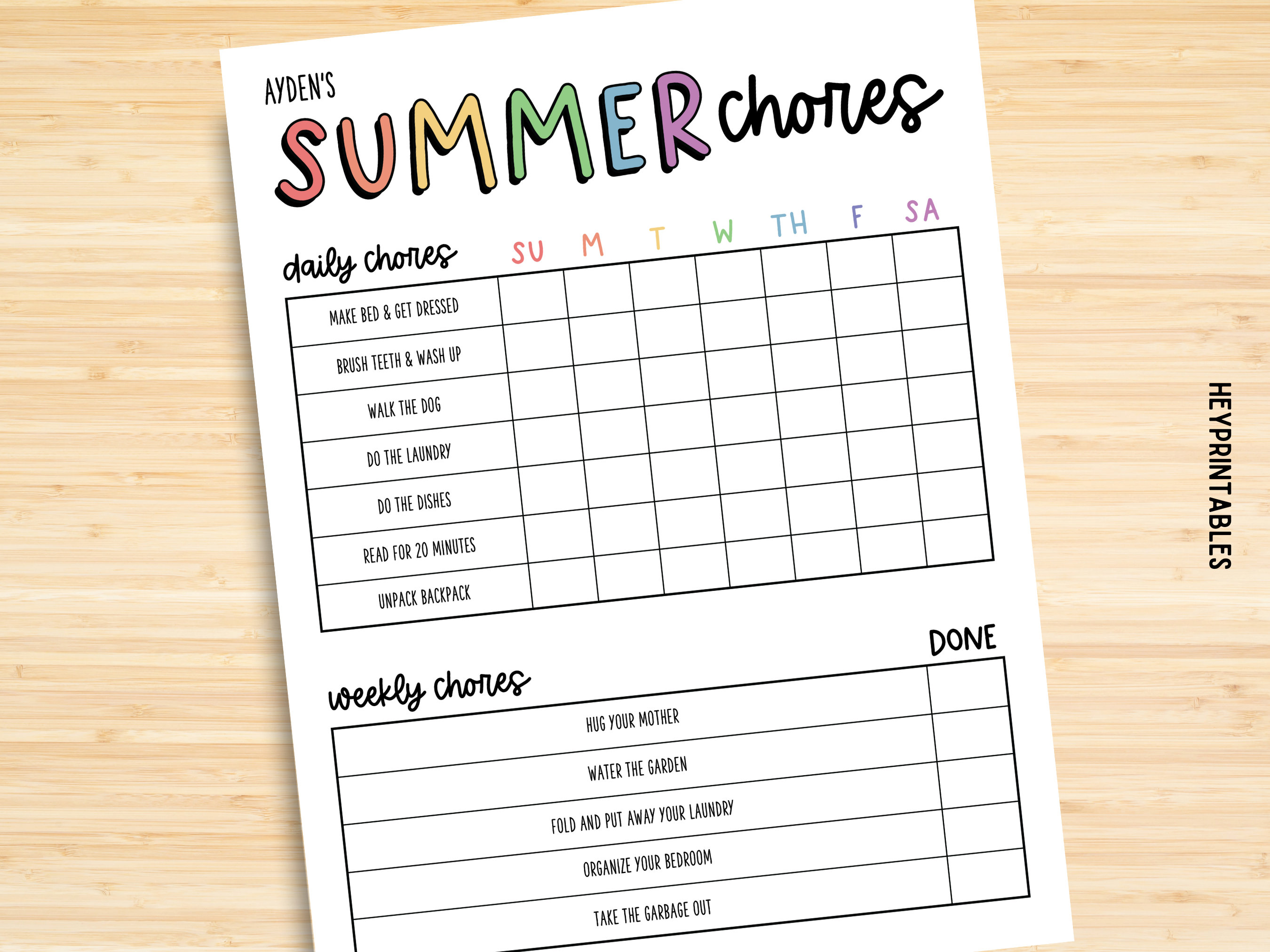 Chore Chart, Printable Editable SUMMER Daily & Weekly Kids Chore ...