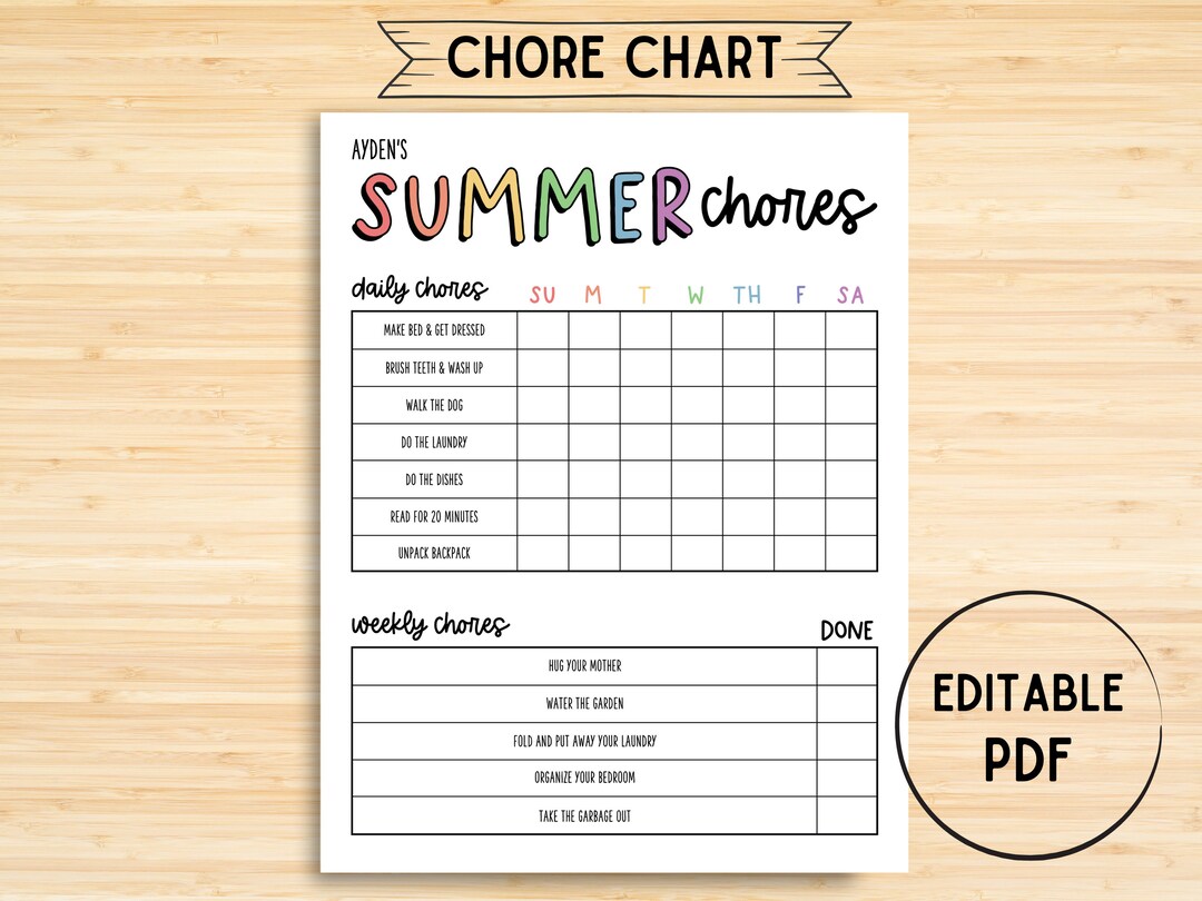 Chore Chart, Printable Editable SUMMER Daily & Weekly Kids Chore ...