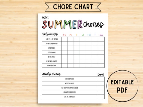 Chore Chart Printable Editable SUMMER Daily & Weekly Kids - Etsy