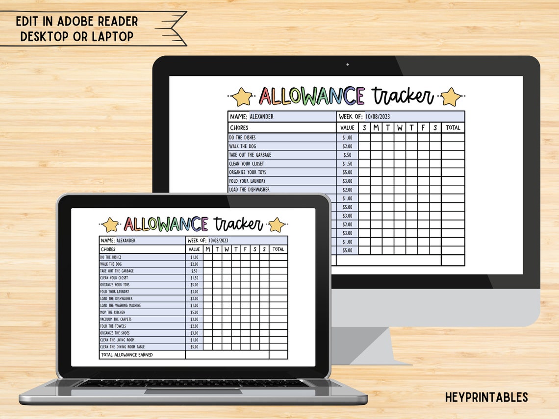 Allowance Tracker Weekly Allowance Chore Chart Editable - Etsy