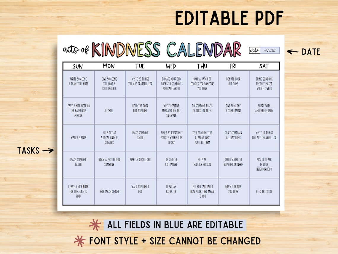 Kids's Acts of Kindness Calendar Kindness Calendar - Etsy