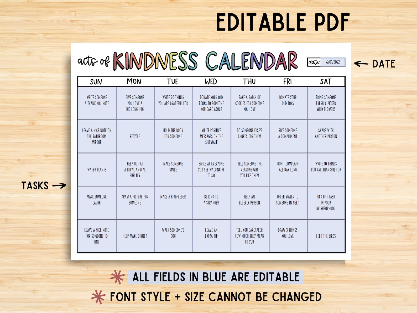 Kids's Acts of Kindness Calendar Kindness Calendar - Etsy