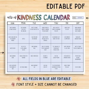 Kids's Acts of Kindness Calendar, Kindness Calendar, Random Acts of ...