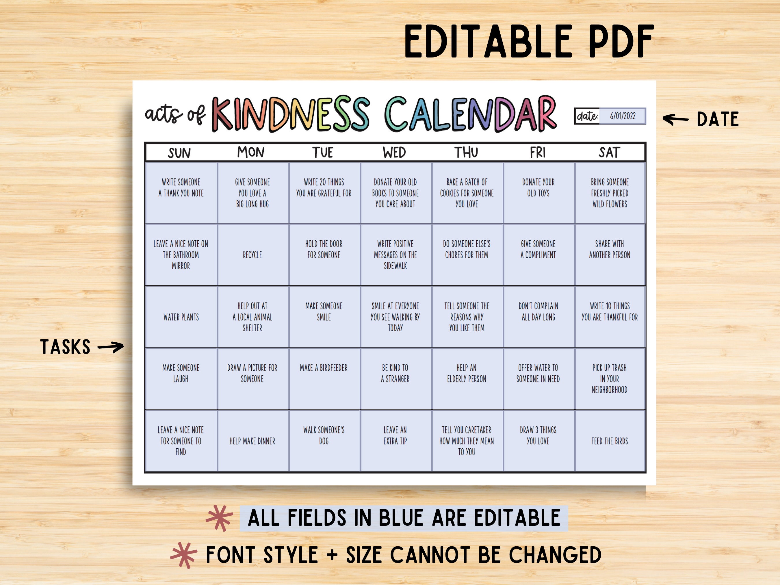 Kids's Acts of Kindness Calendar Kindness Calendar - Etsy