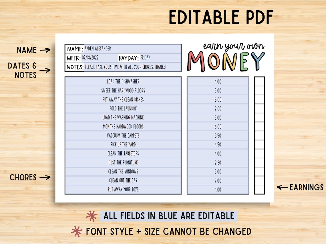 Editable Allowance Chart for Kids Allowance Tracker Editable - Etsy