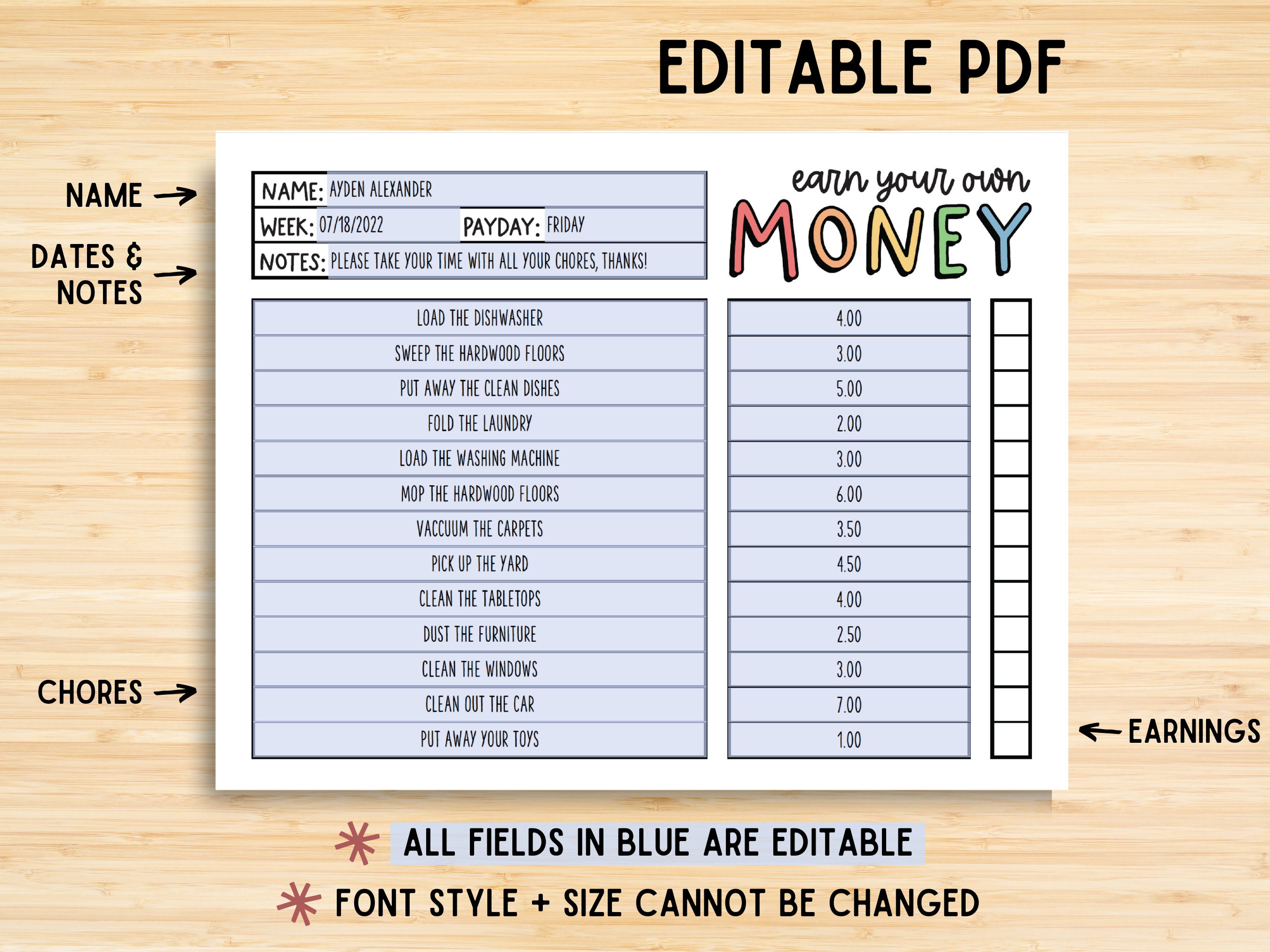 Editable Allowance Chart for Kids Allowance Tracker Editable - Etsy