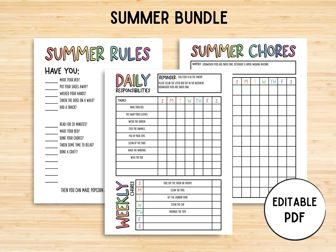 Editable Summer Bundle, Screen Time Checklist, Daily Routine, Chores ...