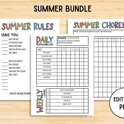 Editable Summer Bundle Screen Time Checklist Daily Routine - Etsy