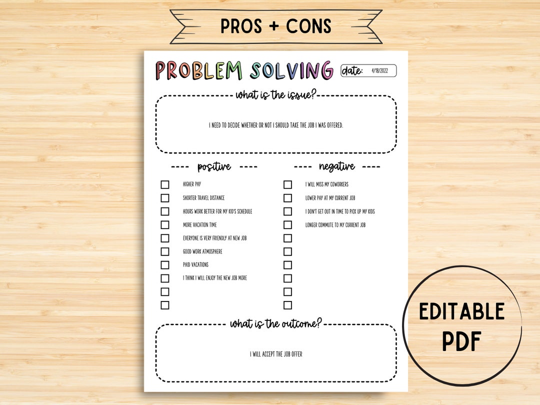 Problem Solving Sheet, Pro and Con List, Decision Maker, Household ...