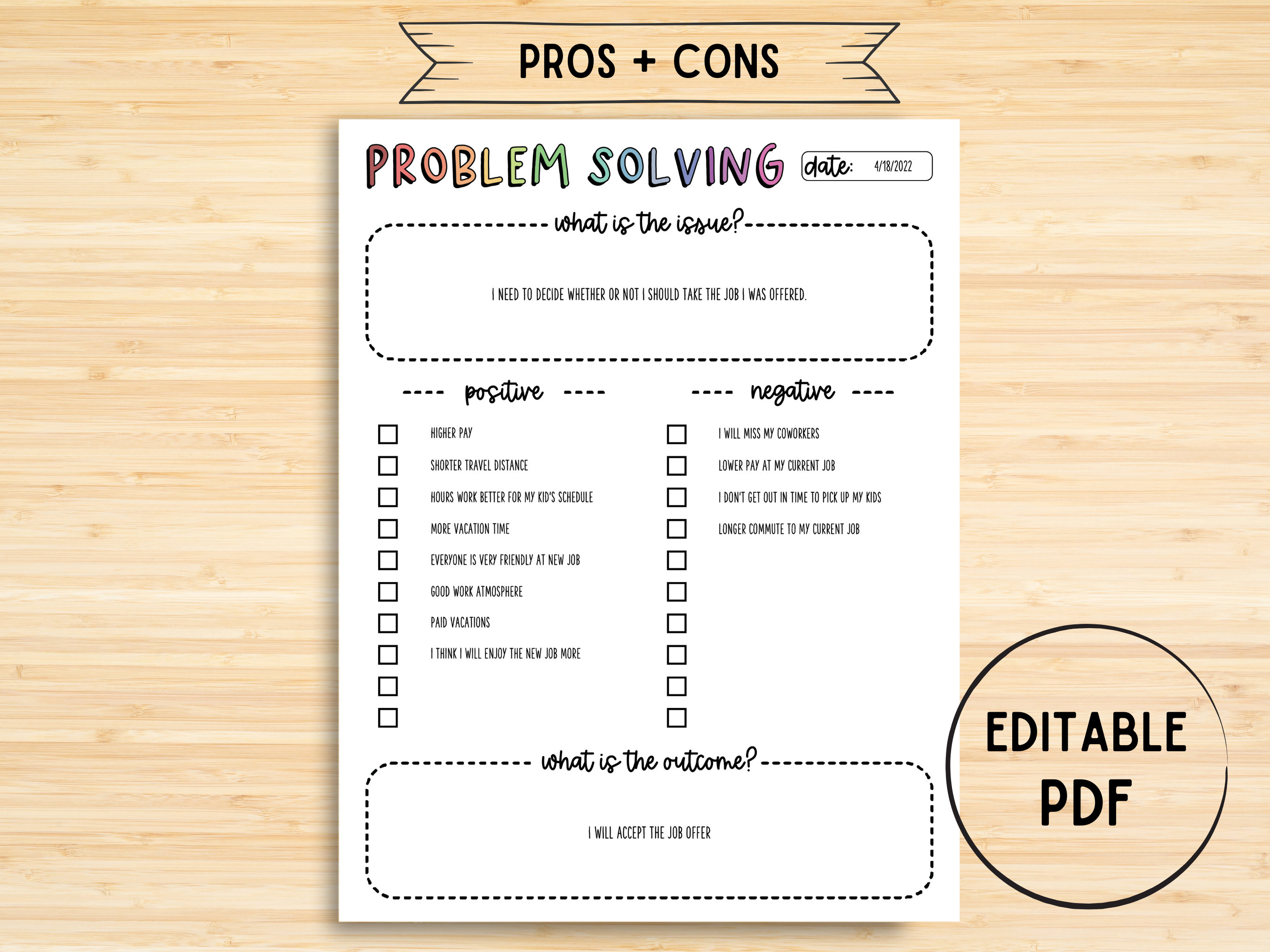Problem Solving Sheet, Pro and Con List, Decision Maker, Household ...