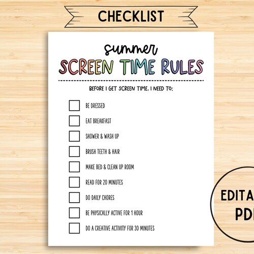 Screen Time Checklist Summer Editable Printable Screen Time - Etsy